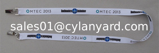 Double ends heat transfer badge holder lanyards with metal card clip at each end, cheap, supplier