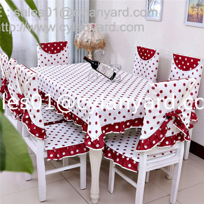 Cotton red dot tablecloth and chair cover set for 6 seater, China factory for table linens supplier