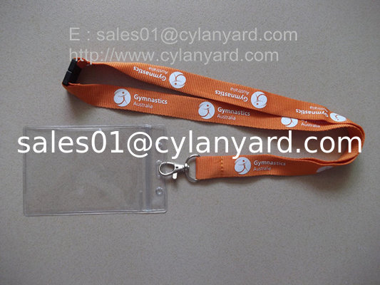 Discount plastic badge holder lanyard with plastic breakaway, polyester ribbon, supplier