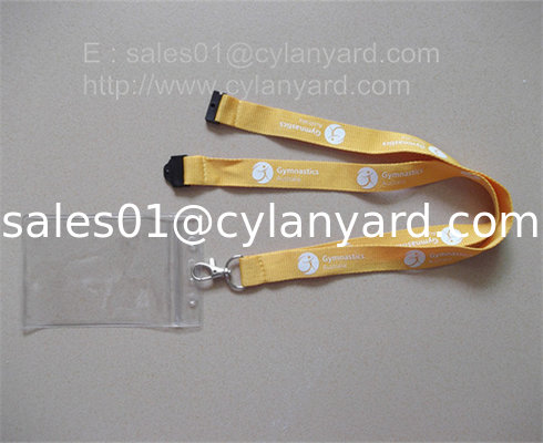 Discount plastic badge holder lanyard with plastic breakaway, polyester ribbon, supplier