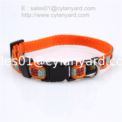 Woven label applied ribbon dog collar, double layered polyester pet collar supplier