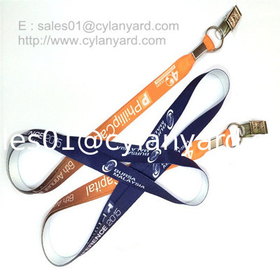 Flat sublimation lanyard with bulldog clip, dye sub lanyard with metal sheet crimp supplier