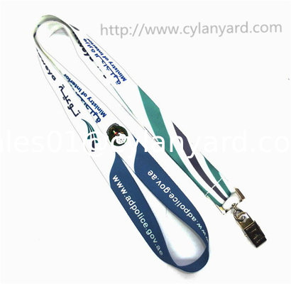 Flat sublimation lanyard with bulldog clip, dye sub lanyard with metal sheet crimp supplier