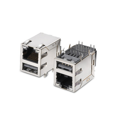 DIP type USB+single socket RJ45 connector with shilder,lamp and filter