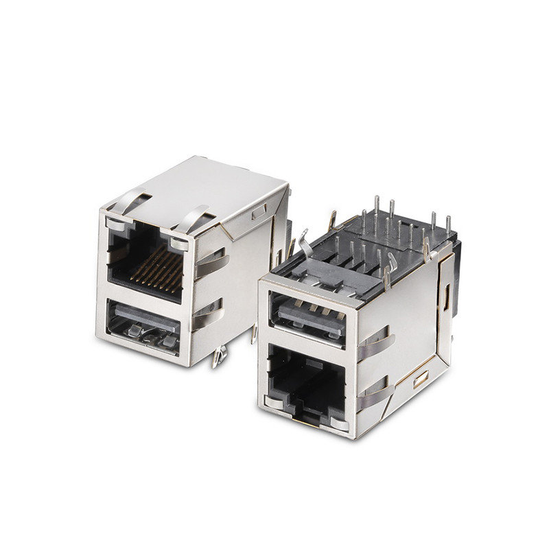 DIP type USB+single socket RJ45 connector with shilder,lamp and filter