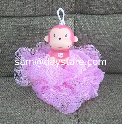 Cartoon Monkey Bath / Shower Body Puff Sponge Mesh Ball shenzhen ICTI factory supplier