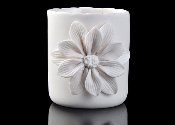 Beautiful Embossed Flower On white ceramic candle holder For Decoration