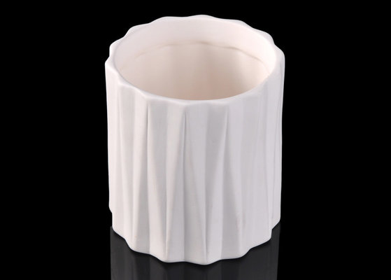 Embossed Vertical Stripes white ceramic pillar candle holder Round Shape