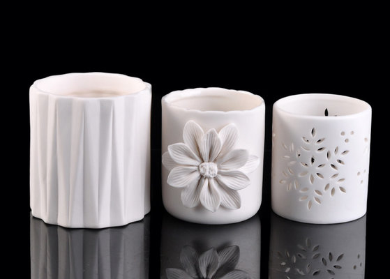 Embossed Vertical Stripes white ceramic pillar candle holder Round Shape