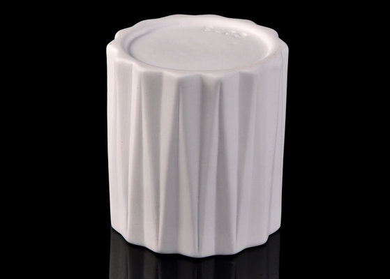 Embossed Vertical Stripes white ceramic pillar candle holder Round Shape