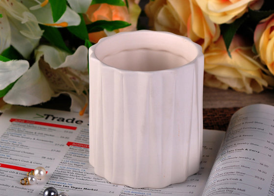 Embossed Vertical Stripes white ceramic pillar candle holder Round Shape