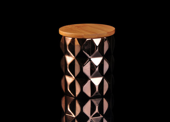 Diamond Pattern Ceramic Candle Holder Electroplating Surface with Wooden Lid