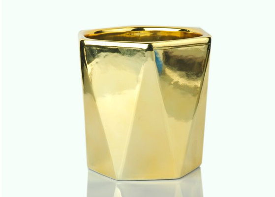 Gold Color Hexagon ceramic candle containers , decorative candle holders For Candle Wax