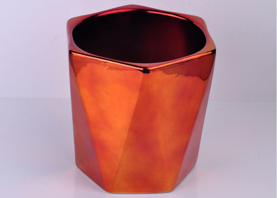 Rose Gold coloured Hexagon Ceramic Candle Jar With Electroplating Finish