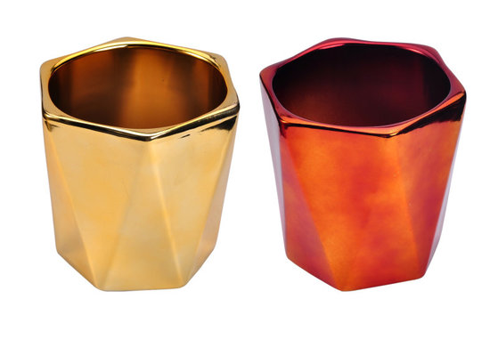 Rose Gold coloured Hexagon Ceramic Candle Jar With Electroplating Finish
