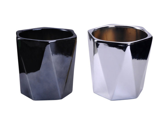 Silver Color Hexagon Candle Jar , ceramic flower candle holder Electroplating Finish