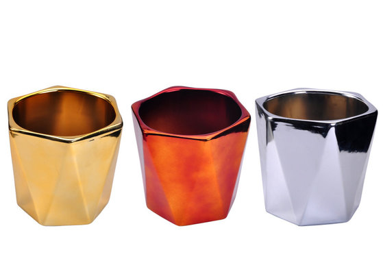 Electroplating Finish Color Hexagon Ceramic Candle Holder / Jar Environmental friendly