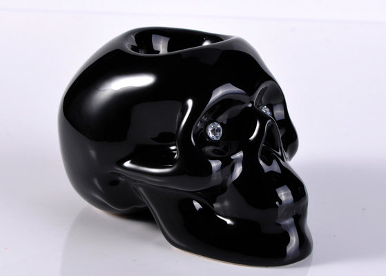 Glossy Black Glazed handmade ceramic candle holders with Skull Shape