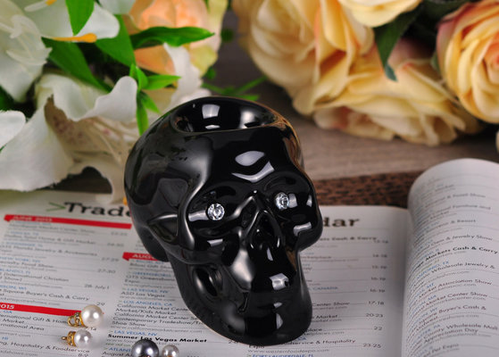 Glossy Black Glazed handmade ceramic candle holders with Skull Shape