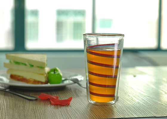 Elegant Double Wall Borosilicate Glass Ribbon Decal Inside Decoration Glass Juice Cups