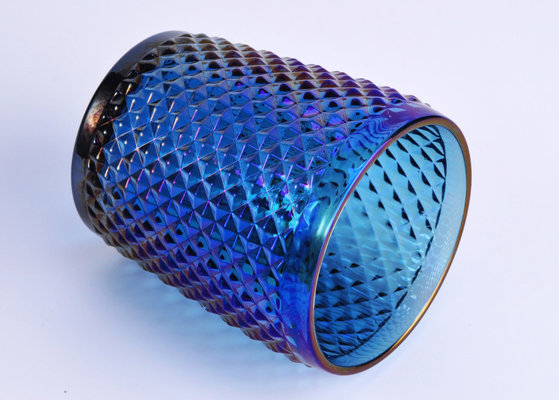 Machine Made navy blue glass cylinder candle holder Embossed Cross Line
