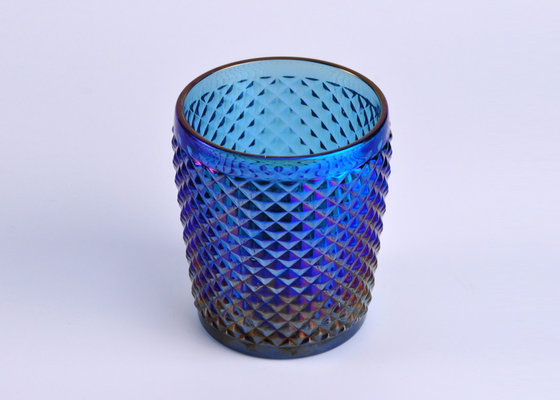 Machine Made navy blue glass cylinder candle holder Embossed Cross Line