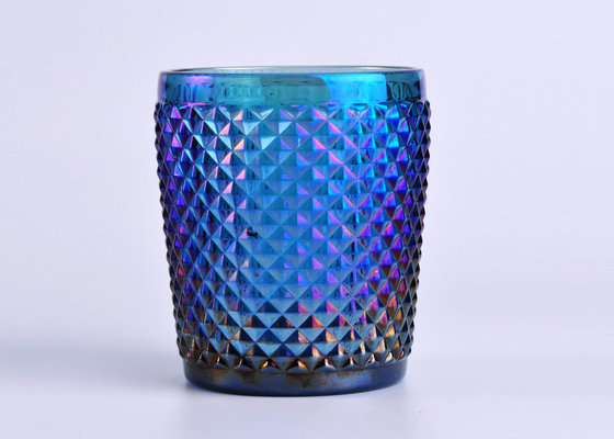 Machine Made navy blue glass cylinder candle holder Embossed Cross Line