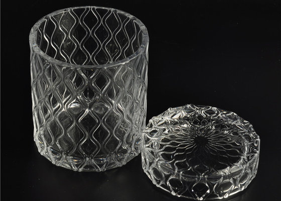 Woven Pattern Round Three Sizes glass candle containers With Lid