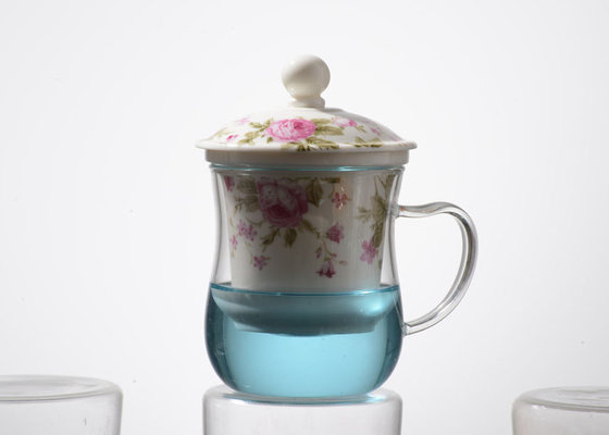 Unique Design Elegant Pyrex Glass Tea Mugs With Ceramic Infuser Lids