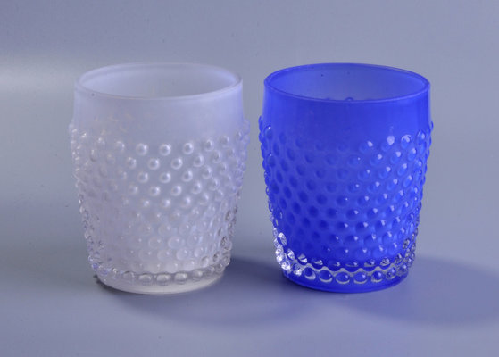 Bubble cut top machine made antique glass candlestick holders white and blue