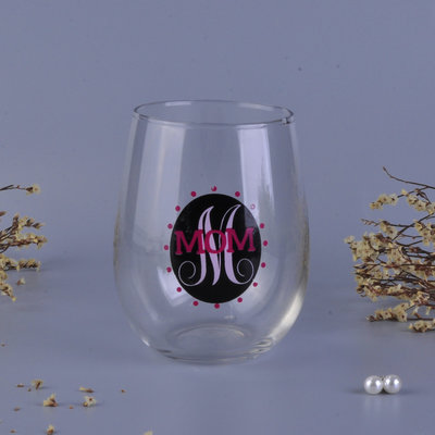 Mouth blown stemless whie glass cup with decal printing