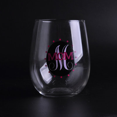 Mouth blown stemless whie glass cup with decal printing