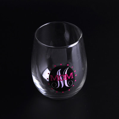 Mouth blown stemless whie glass cup with decal printing