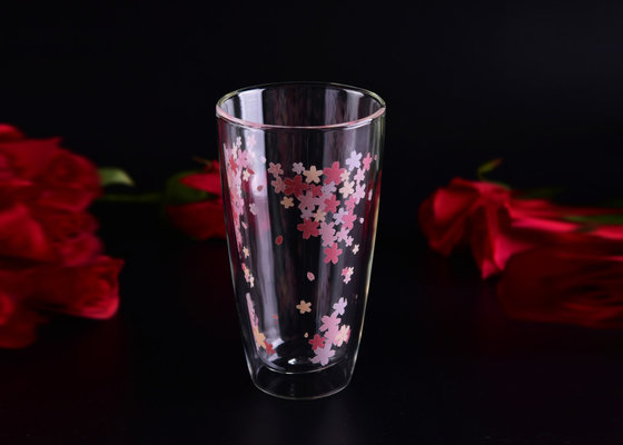 370ml Double Wall Borosilicate Glass Juice Drinking Cup With Decal Flower Logo