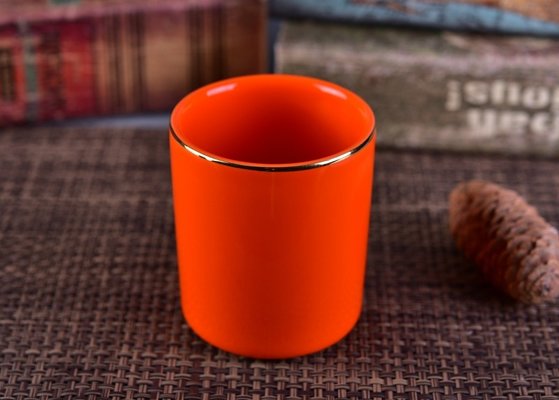 Gold Rim Painting Colorful Cylinder Ceramic Candle Jar For Weddings , 370ml