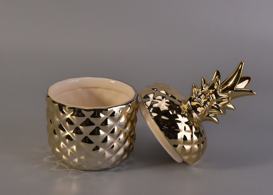 Handmade Ceramic Candle Holders / Pineapple Ceramic Candle Jars Golden Plating