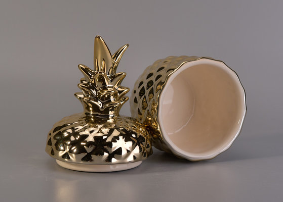 Handmade Ceramic Candle Holders / Pineapple Ceramic Candle Jars Golden Plating
