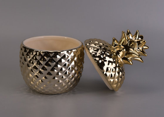 260Ml Airtight Pineapple Shaped Ceramic Candle Holder Golden Electroplated with Lid