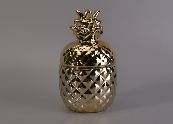 260Ml Airtight Pineapple Shaped Ceramic Candle Holder Golden Electroplated with Lid