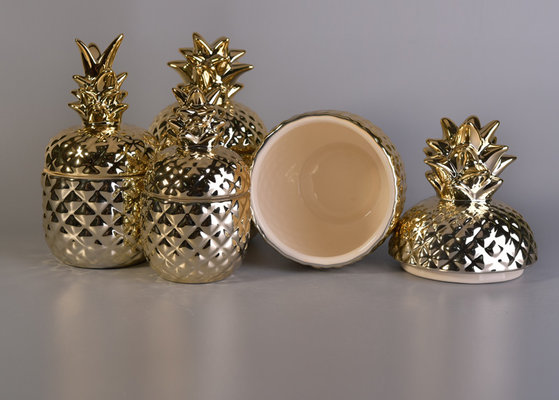 260Ml Airtight Pineapple Shaped Ceramic Candle Holder Golden Electroplated with Lid