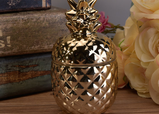 260Ml Airtight Pineapple Shaped Ceramic Candle Holder Golden Electroplated with Lid