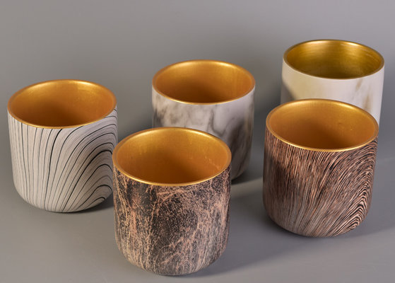 Bark Water Transfer Printing Handmade Ceramic Candle Holders with Golden Plating Inside