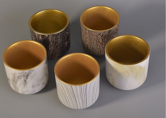Bark Water Transfer Printing Handmade Ceramic Candle Holders with Golden Plating Inside