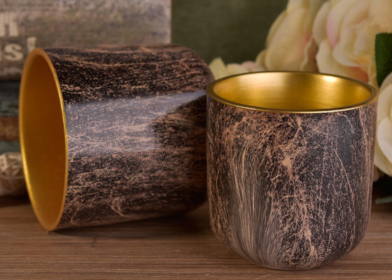 Bark Water Transfer Printing Handmade Ceramic Candle Holders with Golden Plating Inside