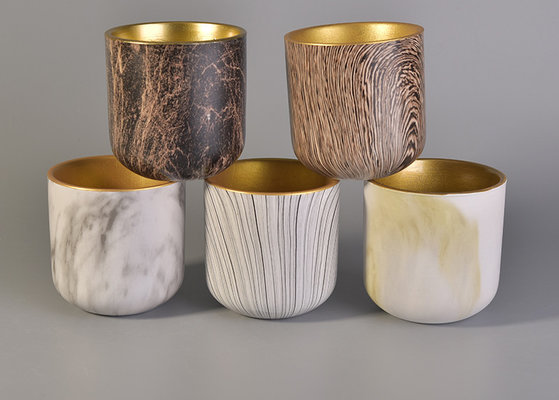Bark Water Transfer Printing Handmade Ceramic Candle Holders with Golden Plating Inside