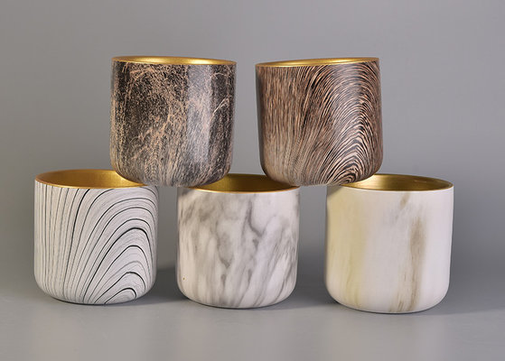 Bark Water Transfer Printing Handmade Ceramic Candle Holders with Golden Plating Inside