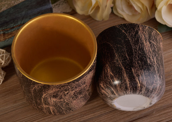 Bark Water Transfer Printing Handmade Ceramic Candle Holders with Golden Plating Inside