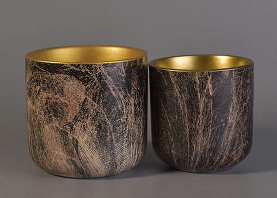 Bark Water Transfer Printing Handmade Ceramic Candle Holders with Golden Plating Inside