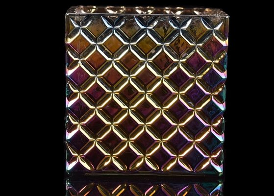 Iridescent Plating Square Decorative Glass Candle Holder , Luxury Scented Glass Candle Jars