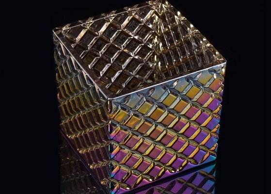 Iridescent Plating Square Decorative Glass Candle Holder , Luxury Scented Glass Candle Jars